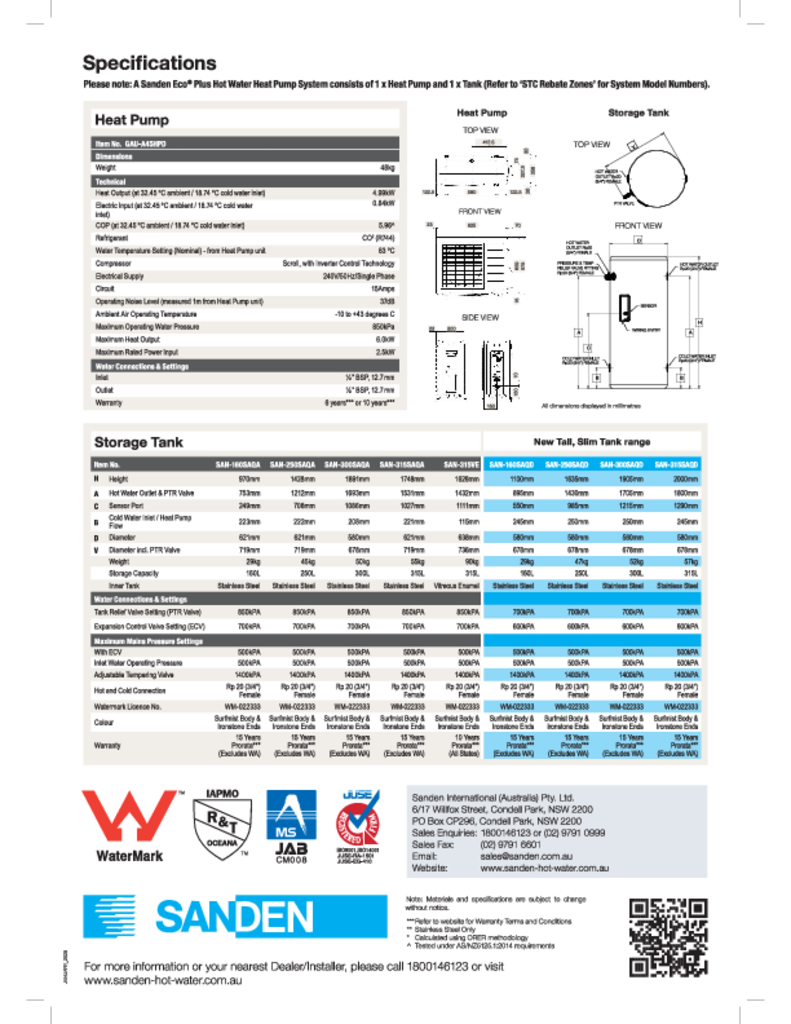 Sanden Eco Plus 315L Hot Water System GAUS-315FQTD | Product